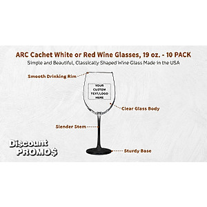 DISCOUNT PROMOS 10 ARC Cachet White Wine Glasses Set, 19 oz. - Customizable Text, Logo - Barware, Sturdy, Vibrant - Black