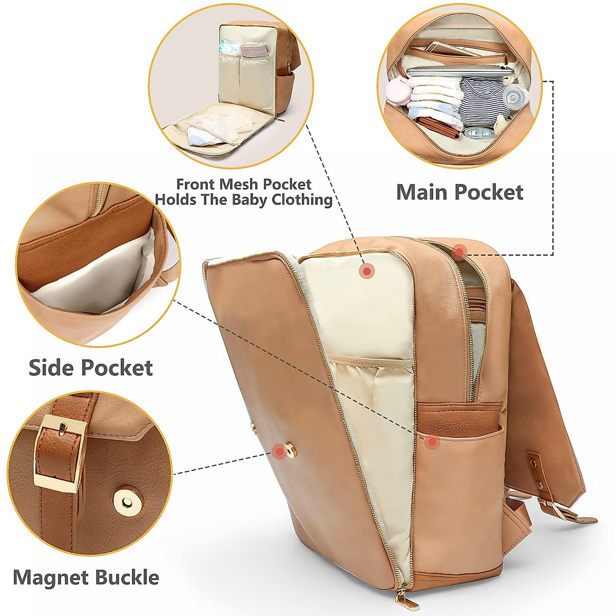 miss fong Leather Diaper Bag Backpack Diaper Bag Purse, Baby Diaper Bag for mom dad with 12 Diaper Bag Organizers, Changing Pad and 4 Insulated Pockets, Faux Leather Diaper Bag Backpack(Brown)