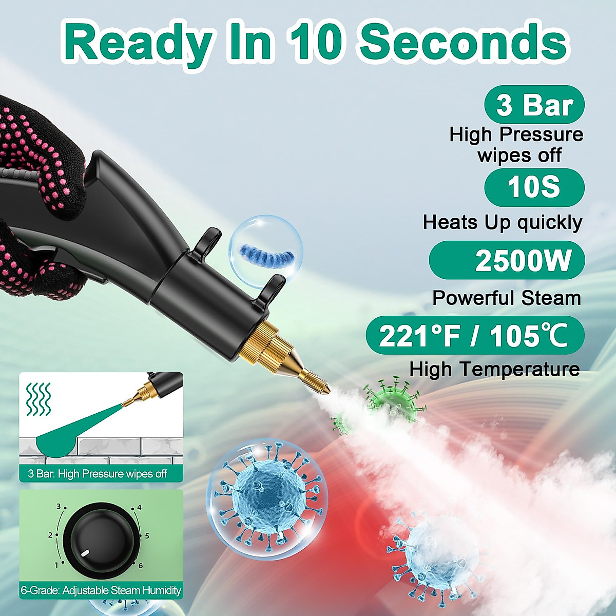 CAYAMA Handheld Steam Cleaner,2500W Steam Cleaner, High Pressure Steamer for Cleaning, Steam Cleaners for Home, Steamer for Car, Steam Cleaner for Upholstery, Kitchen, Bathroom, Grout and Tile