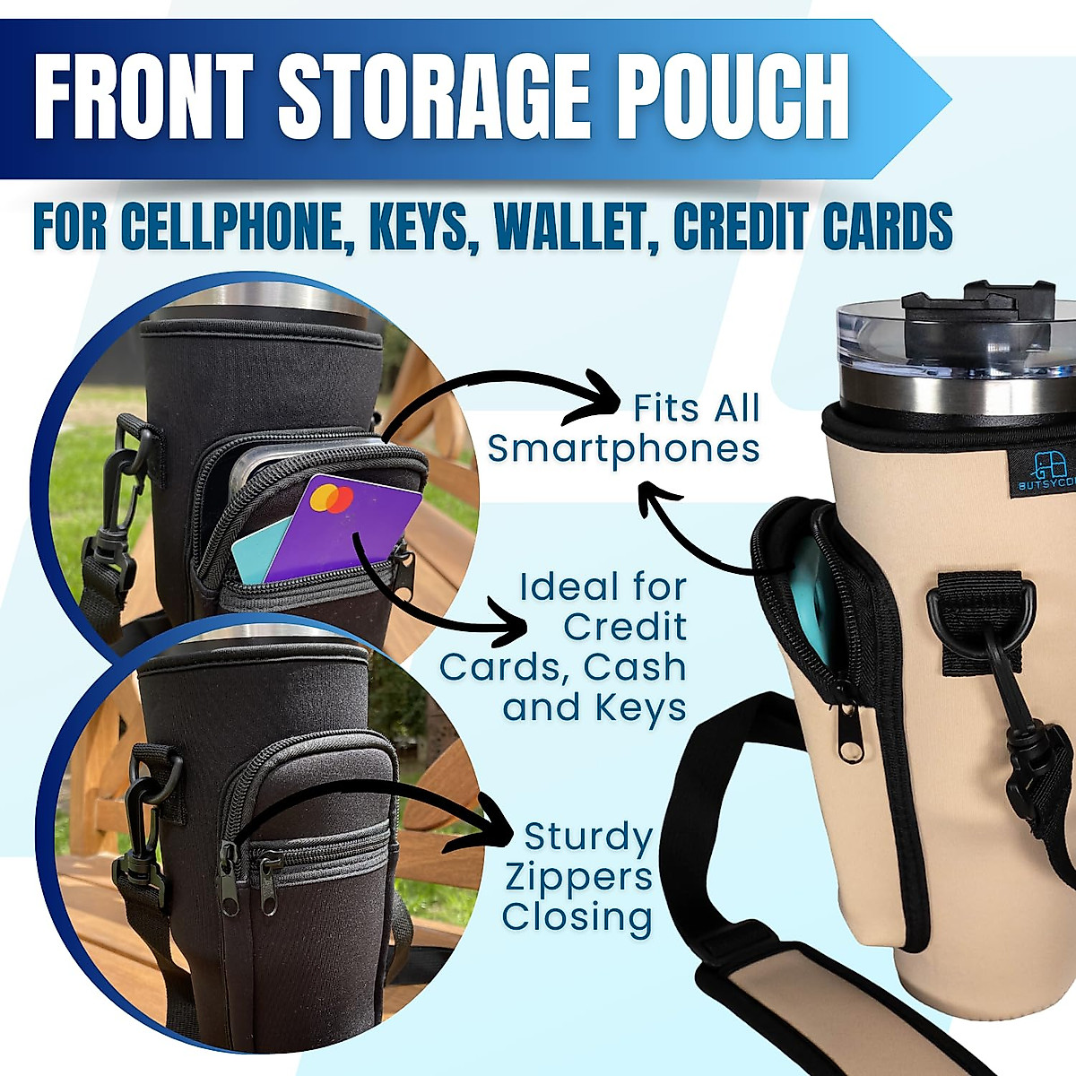 BUTSYCOL Water Bottle Bag with Strap, Stanley 40 oz Tumbler with Handle Accessories, Stanley Holder with Strap and Pouch Sleeve for Gym, Stanley Cup Accessories 40 oz (Pink)