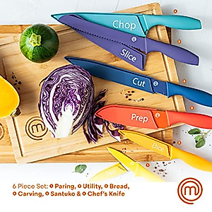 MasterChef Kitchen Knives Set with Covers incl. Paring, Boning, Carving, Bread, Santoku & Chef Knife, Sharp Cutting Stainless Steel Blades with Sheaths, 12 Piece (6 Colored Knives & 6 Covers)