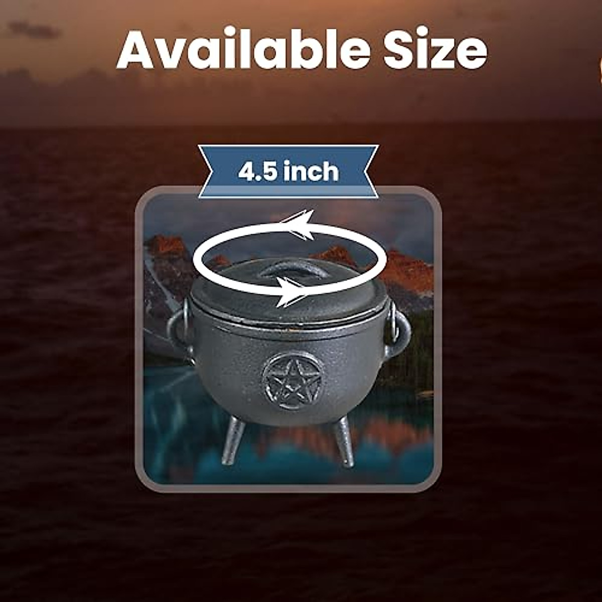 Cast Iron Cauldron with Lid and Carry Handle for Spells, Smudging, Ritual & Blessings | Includes 6 Free Incense Smudge Cups (4.5 Inch, Pentagram)