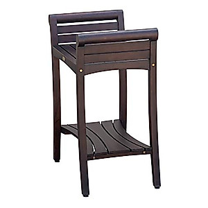 DecoTeak Symmetry Teak Shower Bench 24" Long Extended Height Wood Shower Stool with Shelf and LiftAide Arms Shower Bench in Woodland Brown Finish