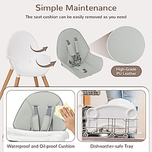 HONEY JOY Baby High Chair, Eat & Grow Beech Wooden Highchair for Babies and Toddlers, Removable Double-Layer Food Tray, 5-Point Harness, PU Cushion and Footrest for Infants Boys Girls (Gray)