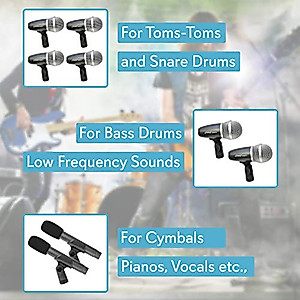Pyle 7-Piece Wired Dynamic Kit-Kick Bass, Tom/Snare & Cymbals Microphone Set-for Drums, Vocal, & Other Instrument-Complete with Thread Clip, Inserts, Mics Holder & Case, Black