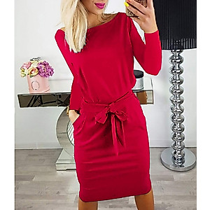PRETTYGARDEN Women's Fashion Casual Long Sleeve Belted Party Bodycon Sheath Pencil Dress (Red,Large)