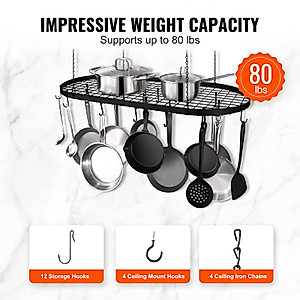 VEVOR 36 inch Carbon Steel Hanging Pot Rack, Ceiling Mount, 20 S Hooks, 80 lbs Loading Weight, Ideal for Home, Restaurant, Kitchen Cookware, Utensils