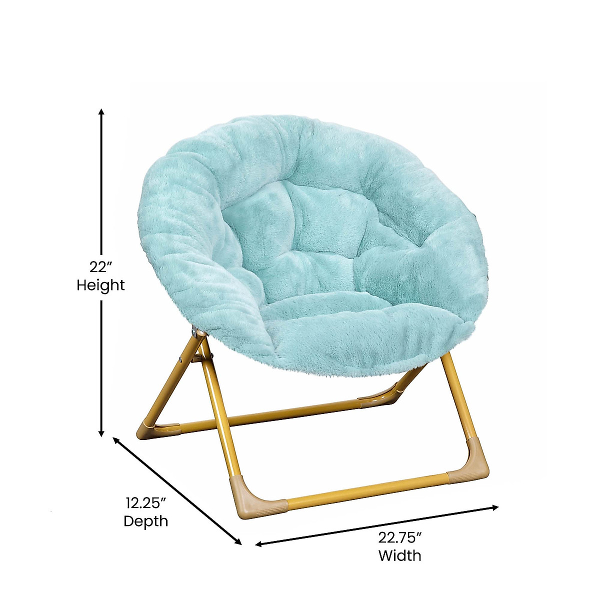 Flash Furniture Gwen Kids Cozy Mini Folding Saucer Chair - Dusty Aqua Faux Fur Moon Chair - Soft Gold Metal Frame - 23" Portable Folding Chair For Living or Bedroom