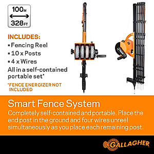 Gallagher Smart Fence 2 | Portable Fence for Containing Animals, Temporary Field Fencing, Quick and Easy Install, Safe and Versatile | 328ft of 4-Strand Electric Fencing