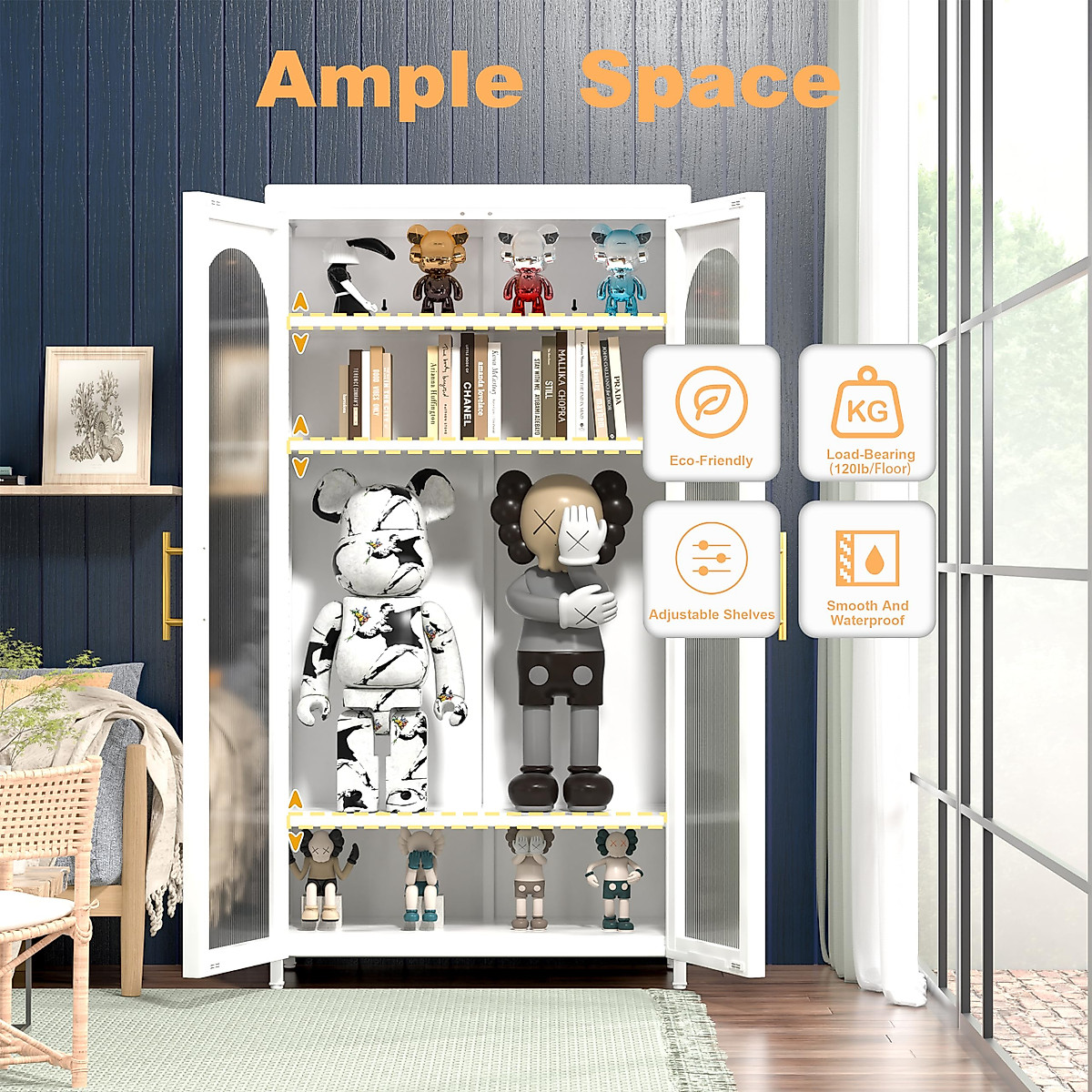 4-Tier Glass Cabinet, Metal Kitchen Pantry Cabinet with Tempered Glass Doors, Modern Accent Cabinet with Doors, Kitchen Cabinet with Adjustable Feet & Shelves, Bar Cabinet, White Pantry （White）