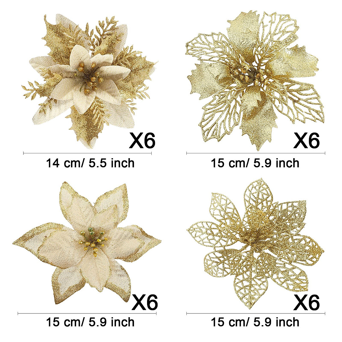 Whaline 24Pcs Christmas Poinsettia with 24Pcs Clips 4 Design Glitter Gold Artificial Flower Winter Party Supplies for Xmas Tree Ornament Wedding Birthday Wreath Decoration