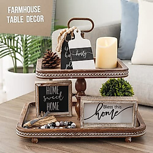 FESTWIND Farmhouse Wooden Rectangle Tiered Tray for Countertop, Small Beaded Tiered Tray Stand for Holidays, Two Tiered Tray Distressed Brown