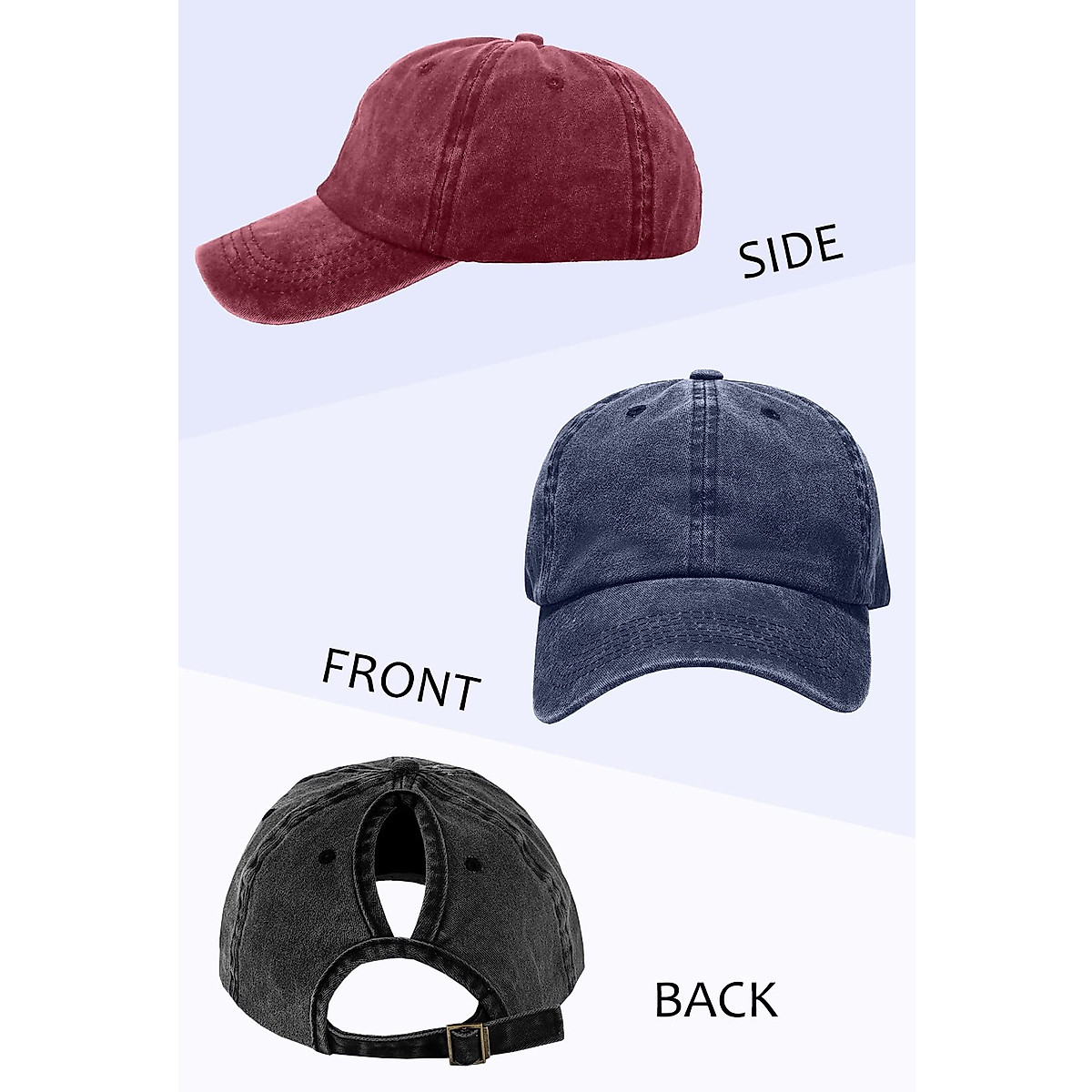 ZEXIAN 3 Pack Womens Vintage Washed Distressed Baseball-Cap with Ponytail Hole Sport Golf Hat (Black+Denim Blue+Burgundy)