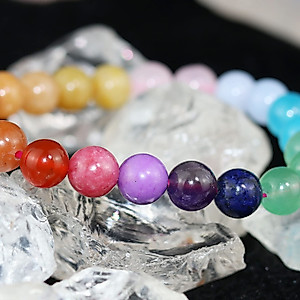 DAZCOLO Handmade Gem Bracelet 7.5" Stretch Gemstone 8mm Round Beads Crystals Quartz Unisex (7 Chakra)