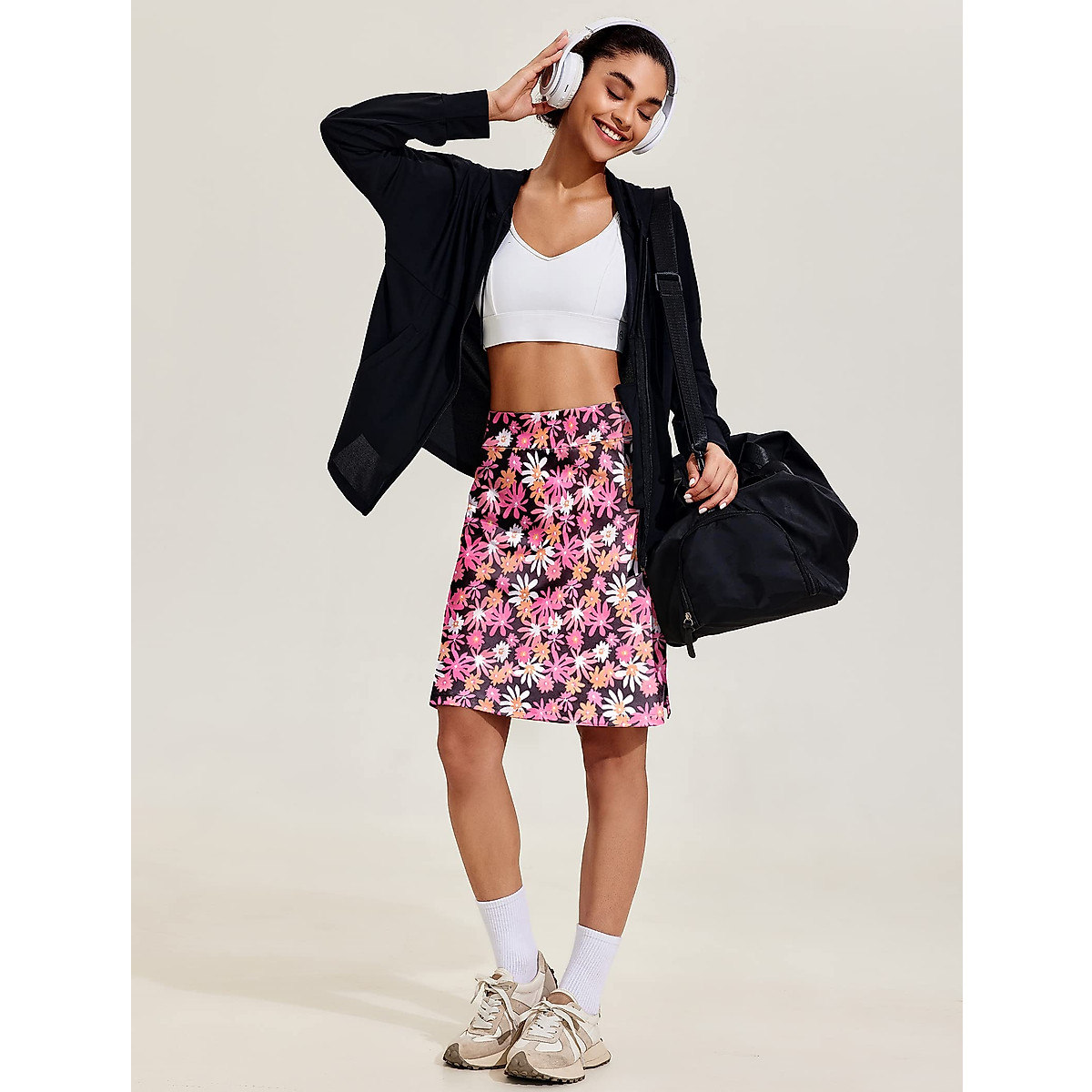 COOrun Women's 20" Knee Length Skorts Skirts Print Athletic Tennis Golf Skirt for Women Casual Summer Skirts,Black Pink Medium