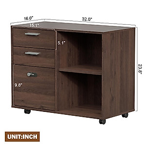 Warmiehomy Mobile Lateral File Cabinet with Smart Lock 3 Drawer Lateral File Cabinet with Open Storage Shelf Rolling Wood Office Filing Cabinet fits A4/Letter/Legal Size (Rustic Brown)