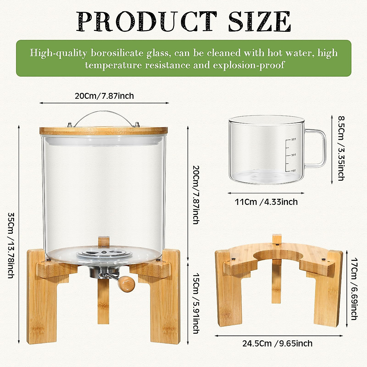 Zhehao 2 Pcs Glass Rice Dispenser 5L Flour Cereal Rice Storage Container Creative Rice Holder with Wooden Stand, Airtight Lid and Measuring Cup for Pantry Sugar Coffee Beans Kitchen Food Organization