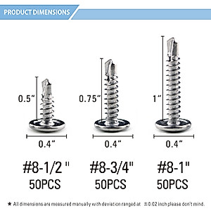 Jetovo 150 Pack 410 Stainless Steel Wafer Head Phillips Self Drilling Screws Sheet Metal Tek Screws Assortment Kit, Modified Truss Head Self Driller - Size: #8 x 1/2" #8 x 3/4" #8 x 1"