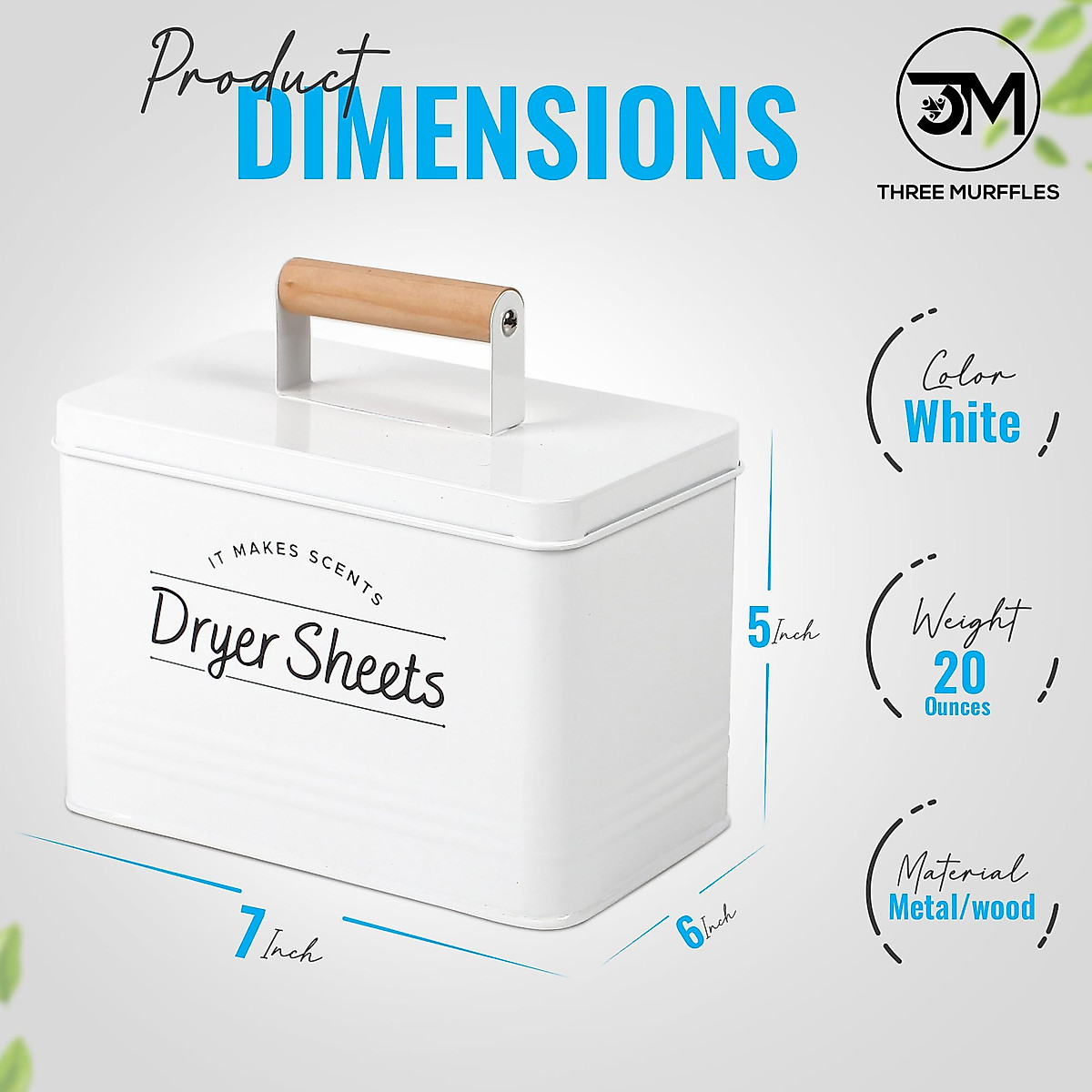 Three Murffles | Dryer Sheet Holder | White Dryer Sheet Dispenser | Laundry Room Organization and Storage Containers | Farmhouse Laundry Room Decor and Accessories | Cute Laundry Organization