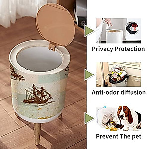Small Trash Can with Lid Sailing ships in vintage style Old caravel abstract seamless on the Garbage Bin Wood Waste Bin Press Cover Round Wastebasket for Bathroom Bedroom Kitchen 7L/1.8 Gallon
