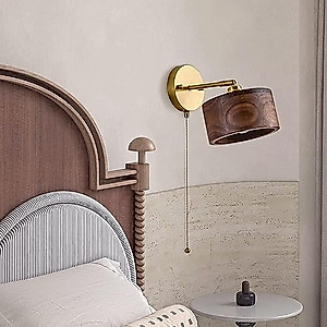 VUCICA Modern Simple Wall Lamp Adjustable Bedside Wall Sconce Walnut Wall Light with Pull Cord Switch E27 Lighting Fixture for Living Room Study Office Homestay