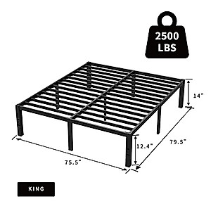 MAF King Bed Frame 14 Inch Heavy Duty Metal Platform BedFrame with Black Steel Slat Support Noise Free No Box Spring Needed