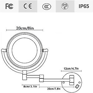 CZQ Makeup Mirror Wall Mounted 10X Magnification, Two Side Vanity Mirror Wall Mount Lighted Extendable Bathroom Mirror, 8 Inch, Chrome Finish, Touch Button Adjustable Light