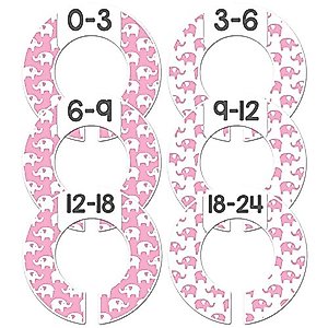 6 Baby Girl Nursery Clothing Closet Size Dividers Pink Elephants Fits 1.5" Rod (Pink)