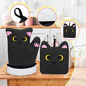 NIGOWAYS Oven Mitts,Cute Cat Design Cooking Glove,Quilted Cotton Lining,Heat Resistant Oven Mitts and Pot Holders Sets for Baking,Microwave,Cute Oven Mitts Gift for Mom,Housewarming(Black)