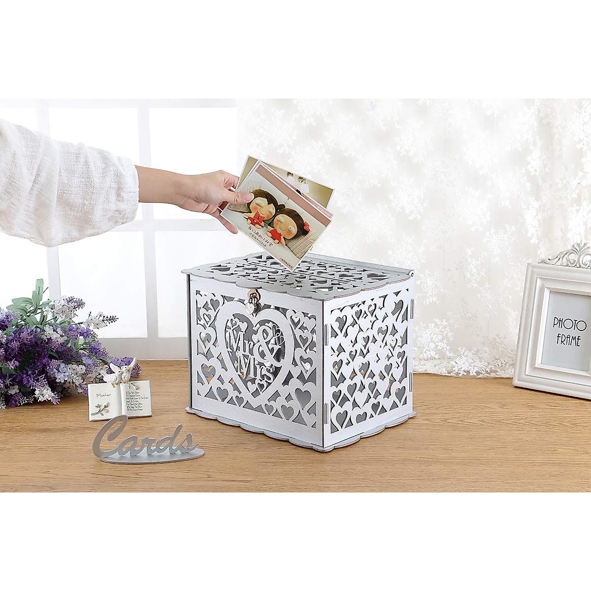 Artmag Wedding Money Box Holder with Sign, Large Rustic Wood Wooden DIY Envelop Gift Card Boxes with Lock Slot for Reception Anniversary Graduation Birthday Parties Baby Shower (Mr & Mrs, Silver)