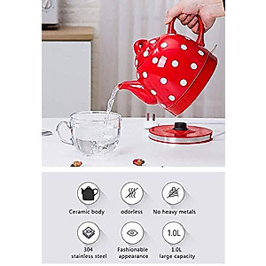 -Eleactric Ceramic Cordless Kettle Teapot-Retro 1.0L, 1000W Water Fast for Tea, Coffee, Soup, Oatmeal-Removable Base, Boil Dry Protection/Red/Blue