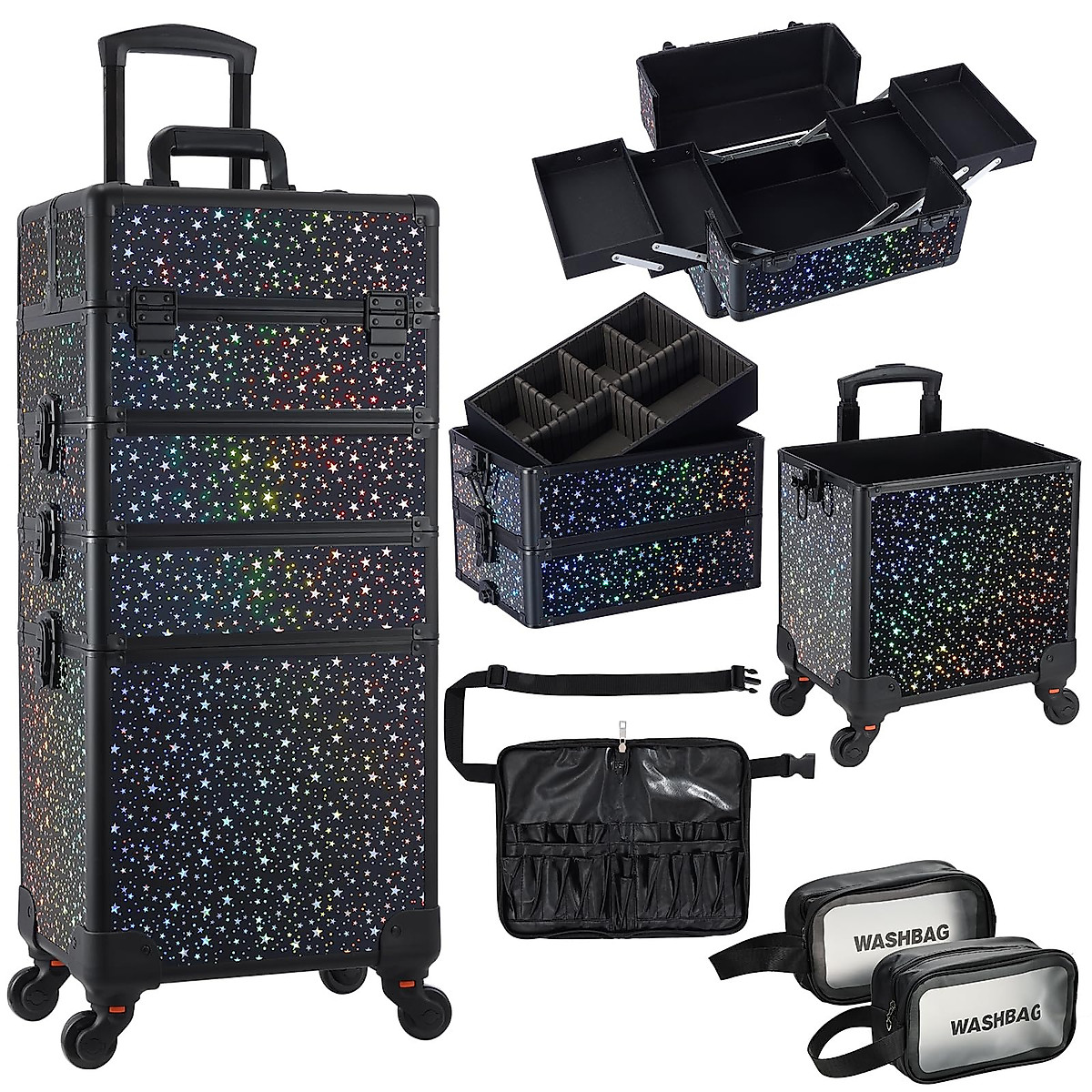 Stagiant Rolling Makeup Case 4 in 1 Cosmetology Case on Wheels Makeup Travel Case with Brush Waist Bag Key Swivel Wheels Salon Barber Case Traveling Cart Trunk Cosmetic Trolley Balck Star