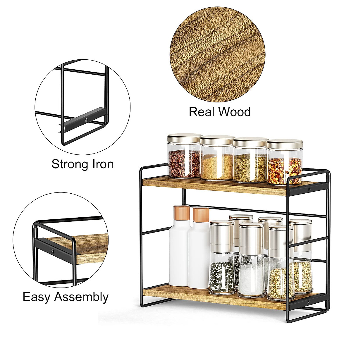 SRIWATANA Kitchen Countertop Organizer Set of 2, Bathroom Counter Shelf Spice Rack Sink Countertop Storage Desktop Large Wood Shelf - Carbonized Black