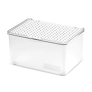 madesmart Medium Stacking Lid Storage Bin for Bathroom Organization, Plastic Bathroom Storage Bin with Dry-Erase Space, Frost