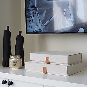 Decorative Photo Storage Boxes with Lids - Set of 2 Beautiful Linen Organizers Are Perfect to Safely Store Your Pictures, Documents, Scrapbooking Supplies, Keepsakes and Other Memories in Style