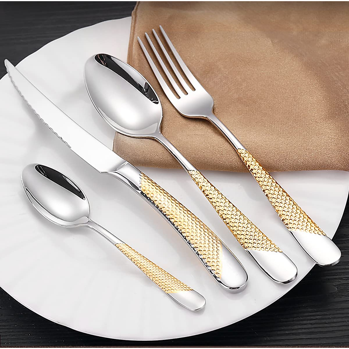 Gold Hammered Silverware Set for 6 Modern Cutlery Utensils 18/10 Stainless Steel Flatware Set 24 Piece Include Knives Forks and Spoons Tableware Set for Home Kitchen Wedding Restaurant Party (Color :