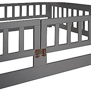 Harper & Bright Designs Low Bunk Beds Full Over Full, Wood Kids Bunk Bed with Slide, Fence and Ladder, Full Size Bunk Beds for Girls Boys, Grey