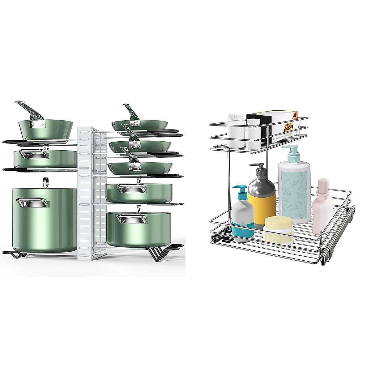 Pot Rack Organizers & Pull Out Cabinet Organizer, Adjustable Pots and Pans Organizer with 3 DIY Methods for Kitchen Organization, 12.6W x 16.53D x 12.99H Under Sink Slide Out Storage Shelf(2 Pack)