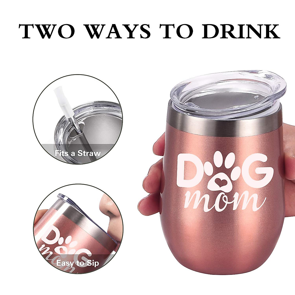 GINGPROUS Dog Mom Wine Tumbler Dog Lover Gifts for Women, Funny Wine Tumbler Gifts for Dog Mom Dog Lover Daughter Wife Friend, 12 Oz Insulated Stemless Steel Wine Tumbler, Rose Gold