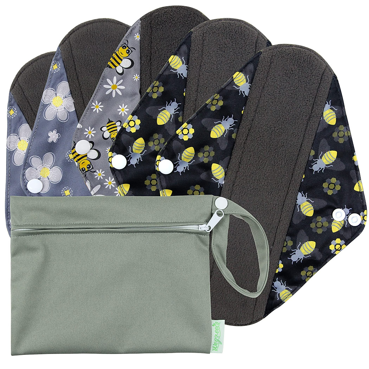 wegreeco Reusable Menstrual Pads for Women - Reusable Sanitary Pads | Reusable Panty Liners | Soft Cloth Menstrual Pads - 5 Pack, 1 Cloth Wet Bag (L, Bee & Bloom)