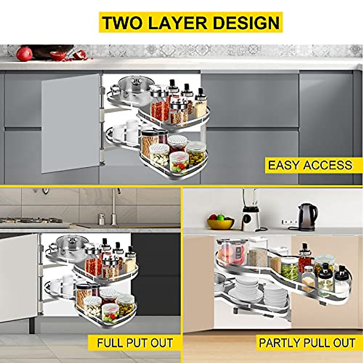 VEVOR Swing Right Blind Corner Cabinet Pull Out for 36 inch Cabinet, 2 Tier Swing Tray Blind Kitchen Cabinet, Soft Close Cloud Blind Organizer for Left Handed Open Blind Corner Cabinet