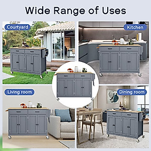 LETESA Rolling Mobile Kitchen Island 54.3'' with Solid Wood Top and 2 Locking Wheels, Adjustable Storage Shelves 4 Door Cabinet and Two Drawers Spice Rack, Towel Rack for Dining Room (Blue)