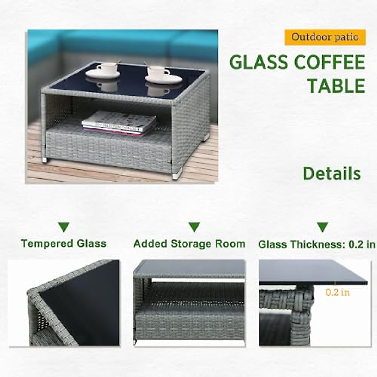 EAGLE PEAK 8 Piece Outdoor Wicker Patio Furniture Set with Fire Table and Coffee Table, PE Rattan Sectional Conversation Sofa Set with Seating for 6 People, Light Blue