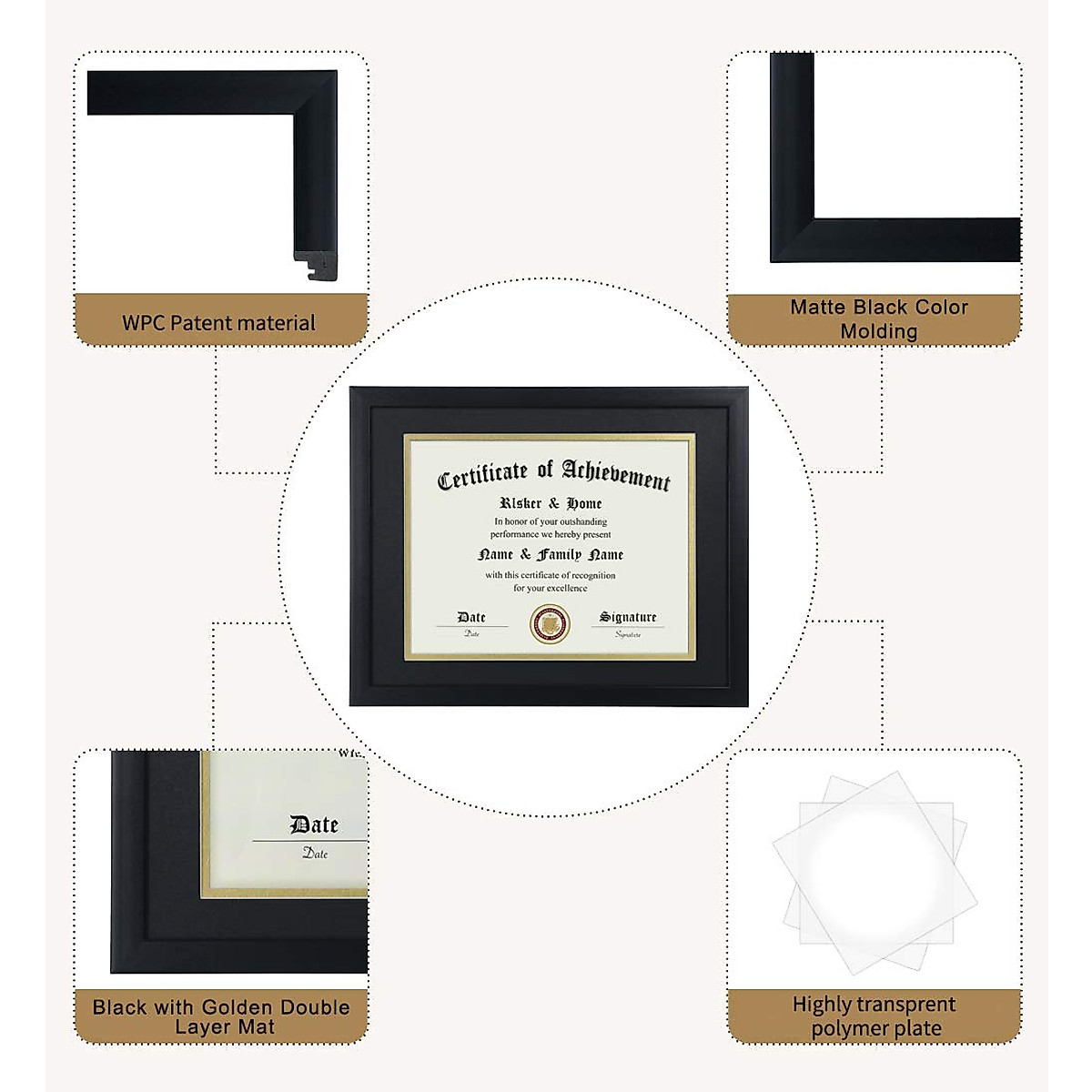 ELSKER&HOME 8.5×11 Certificate Frame - Classic Black Color Frame - Displays Diploma 8.5×11 Inch with Mat - 11×14 Inch Without Mat - For Document/Photo(Double Mat - Matte Black with Gold Rim)