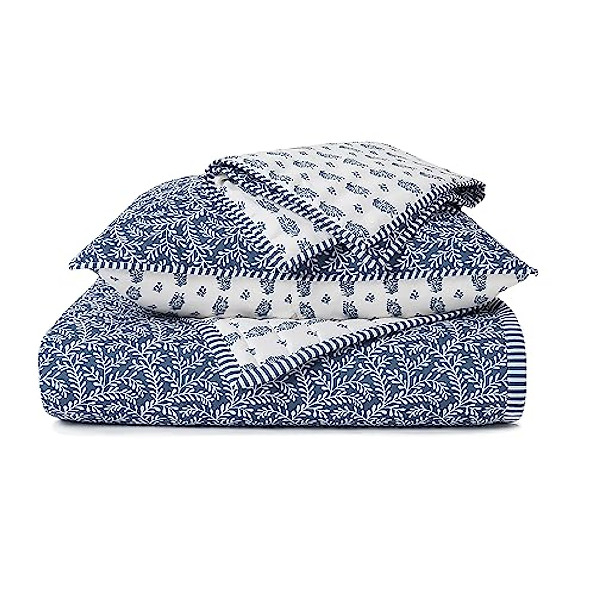 EVERGRACE Floral Printed Quilt Comforter Set Queen Size, 3 Pieces (1 Reversible Quilt Bedding Set, 2 Pillow Shams), Microfiber Lightweight Coverlet Bedspread for All Seasons, Foggy Blue, 92"x96"