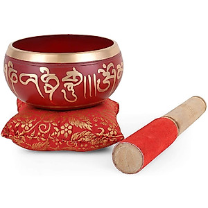 Tibetan Singing Bowl - 4 inch, Red Singing Bowl Set with Beater and Singing Bowl Cushion for Meditation and Yoga