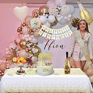 Golden Birthday Party Decorations, Gold Birthday Decorations, Happy Birthday Banner White and Gold Balloons Fringe Curtain Tablecloth Birthday Sash Crown Paper Pom Poms for Women Girls Men Boys