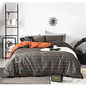 YuHeGuoJi Grey Striped Duvet Cover Queen 100% Cotton Orange Plaid Duvet Cover 3 Pcs Set 1 Reversible Gingham Duvet Cover with Zipper Ties 2 Pillowcases Neutral Modern Gray Geometric Bedding