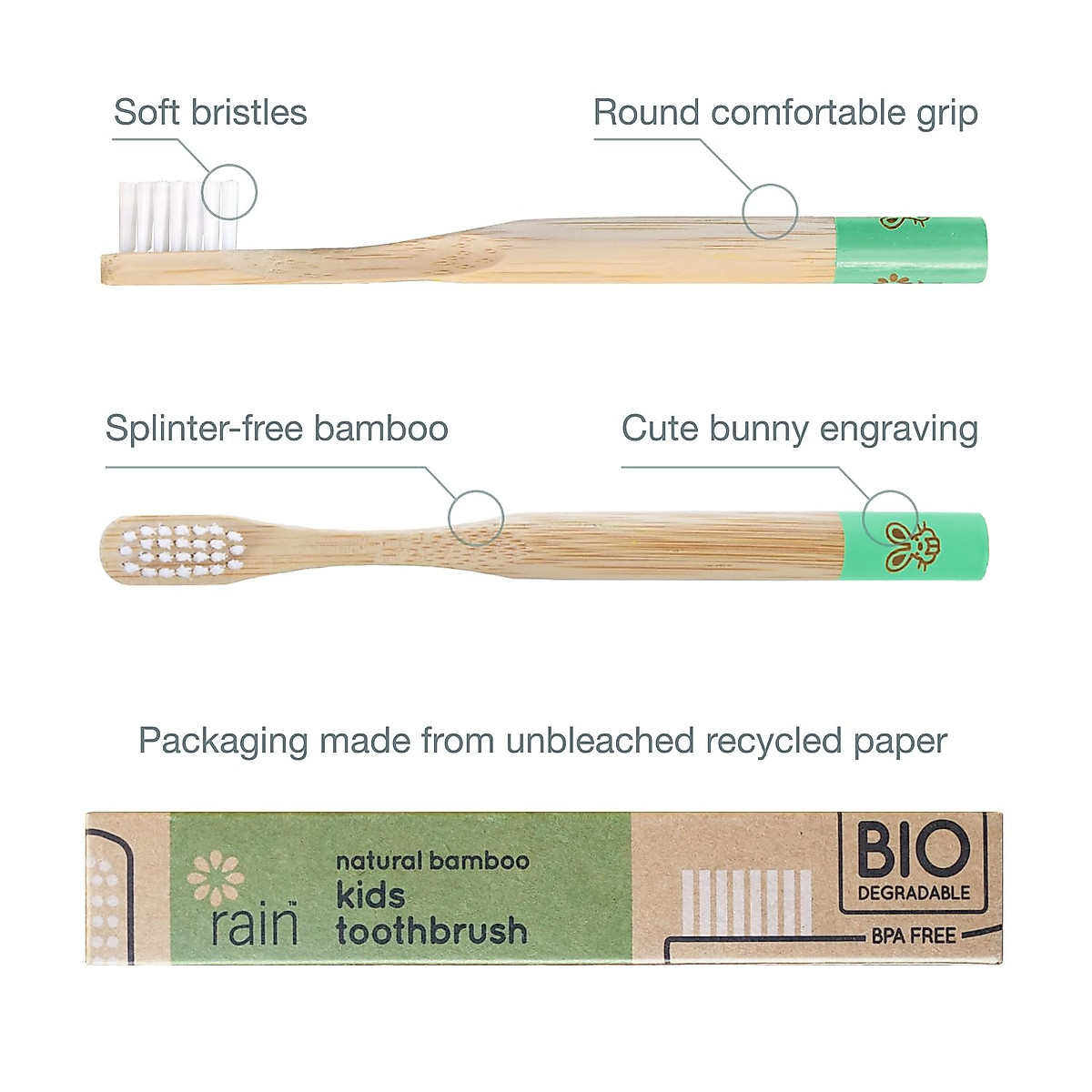 Rain Natural Bamboo Kids Toothbrush Set Fluoride-Free Baby Toothpaste Safe to Swallow with Vitamin C for 6 to 12 Months Up Infant Toddler Toothbrush BPA-Free Biodegradable (1 Toothbrush 1 Toothpaste)