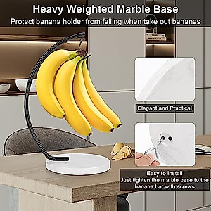 Livabber Banana Holder with Marble Base, Metal Banana Hanger Modern Tree Stand with Hook, Durable Banana Keeper Fresh Fruit Storage Organizer Freestanding for Kitchen Countertop (Black, Single Hook)